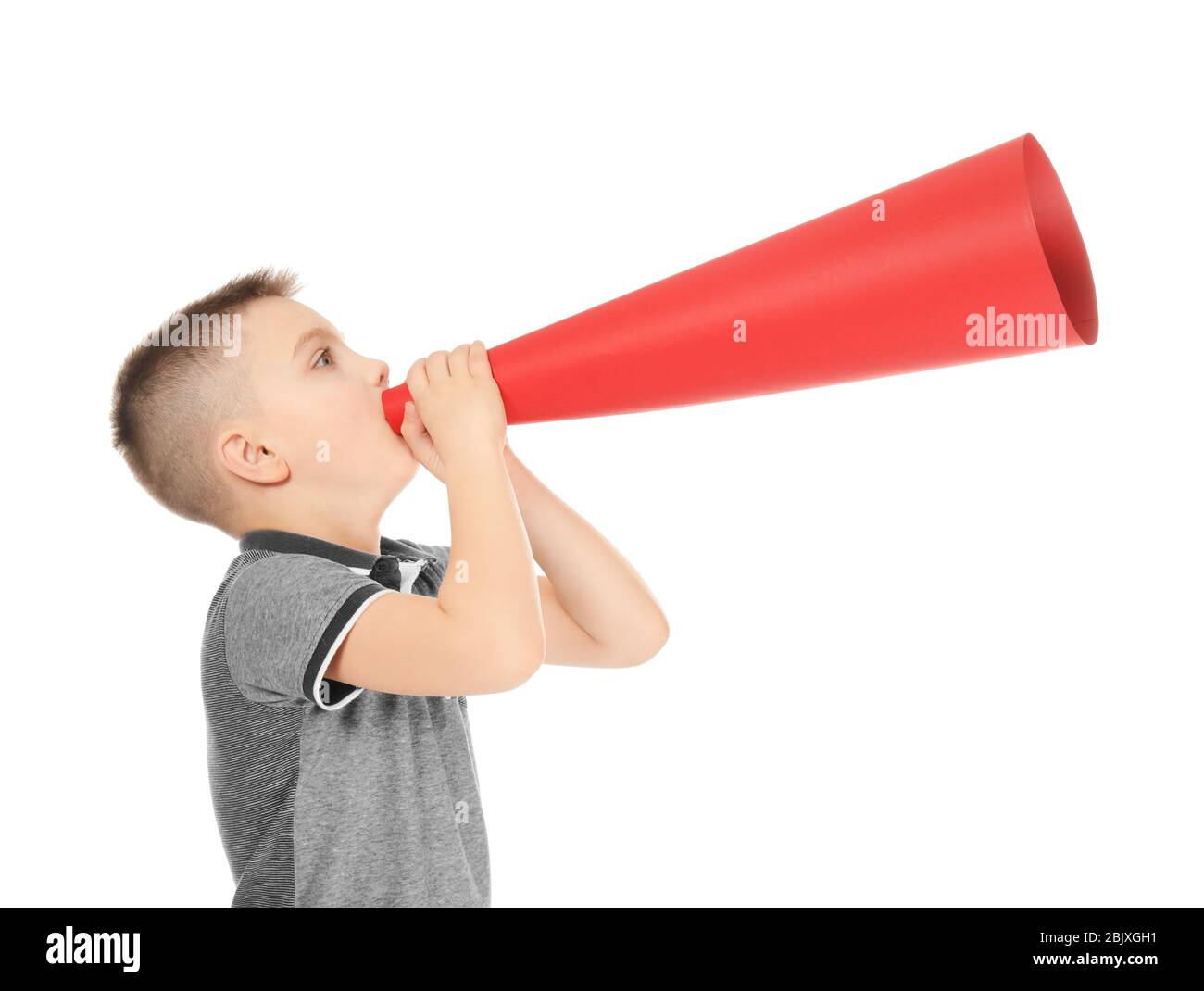 Cute little boy with paper megaphone on white background Stock Photo ...