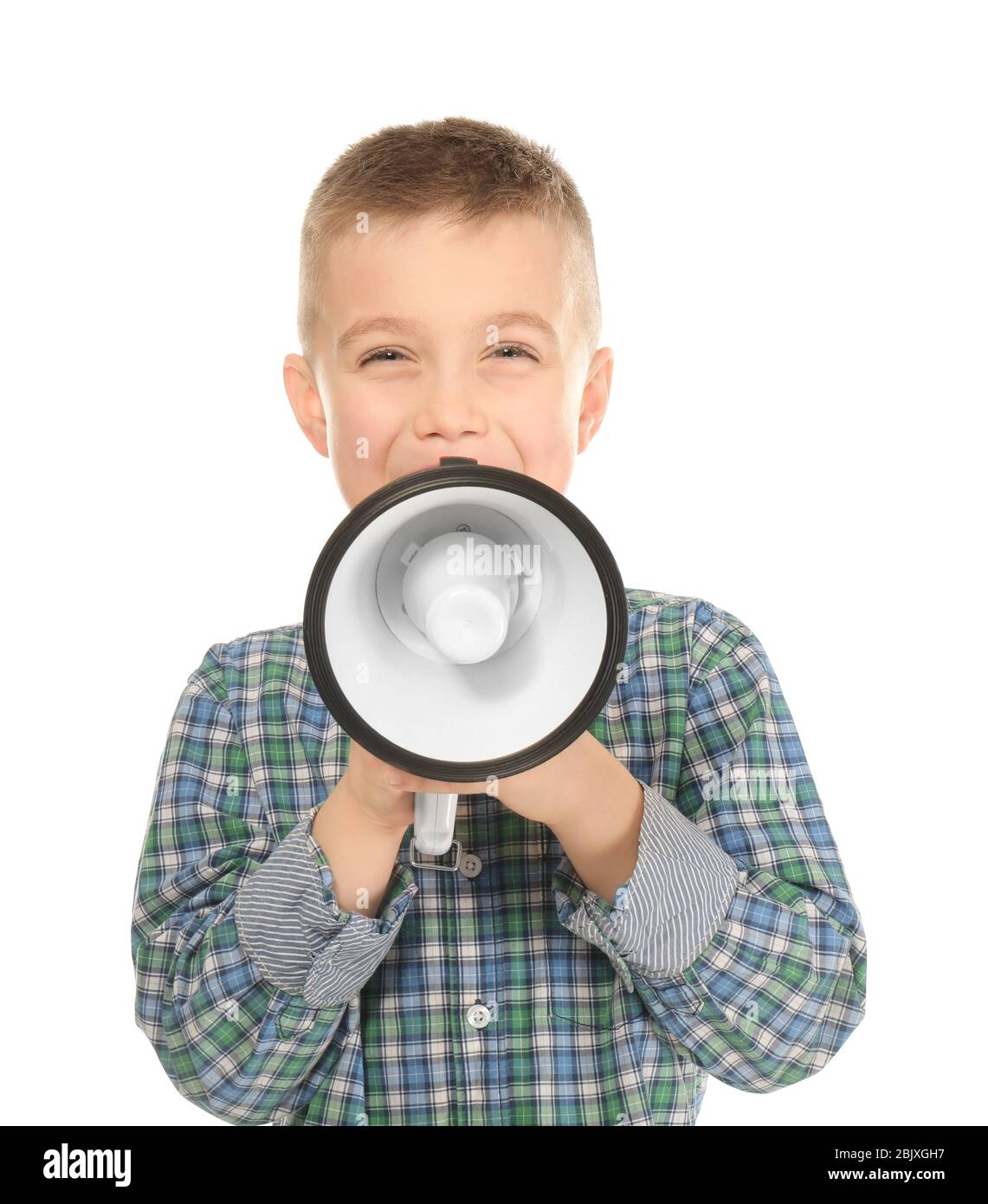 Cute little boy shouting into megaphone on white background Stock Photo ...