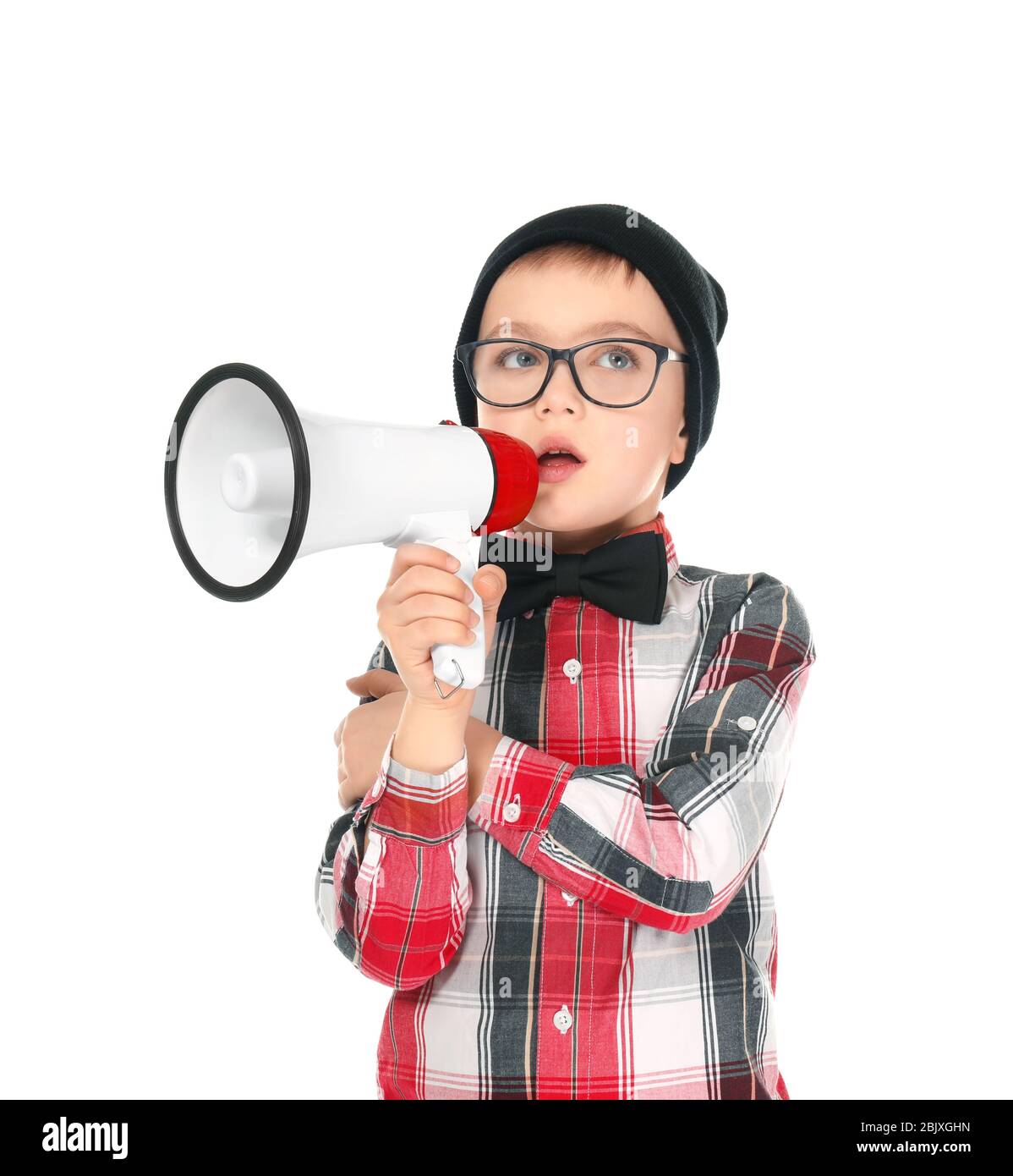 Cute little boy with megaphone on white background Stock Photo - Alamy
