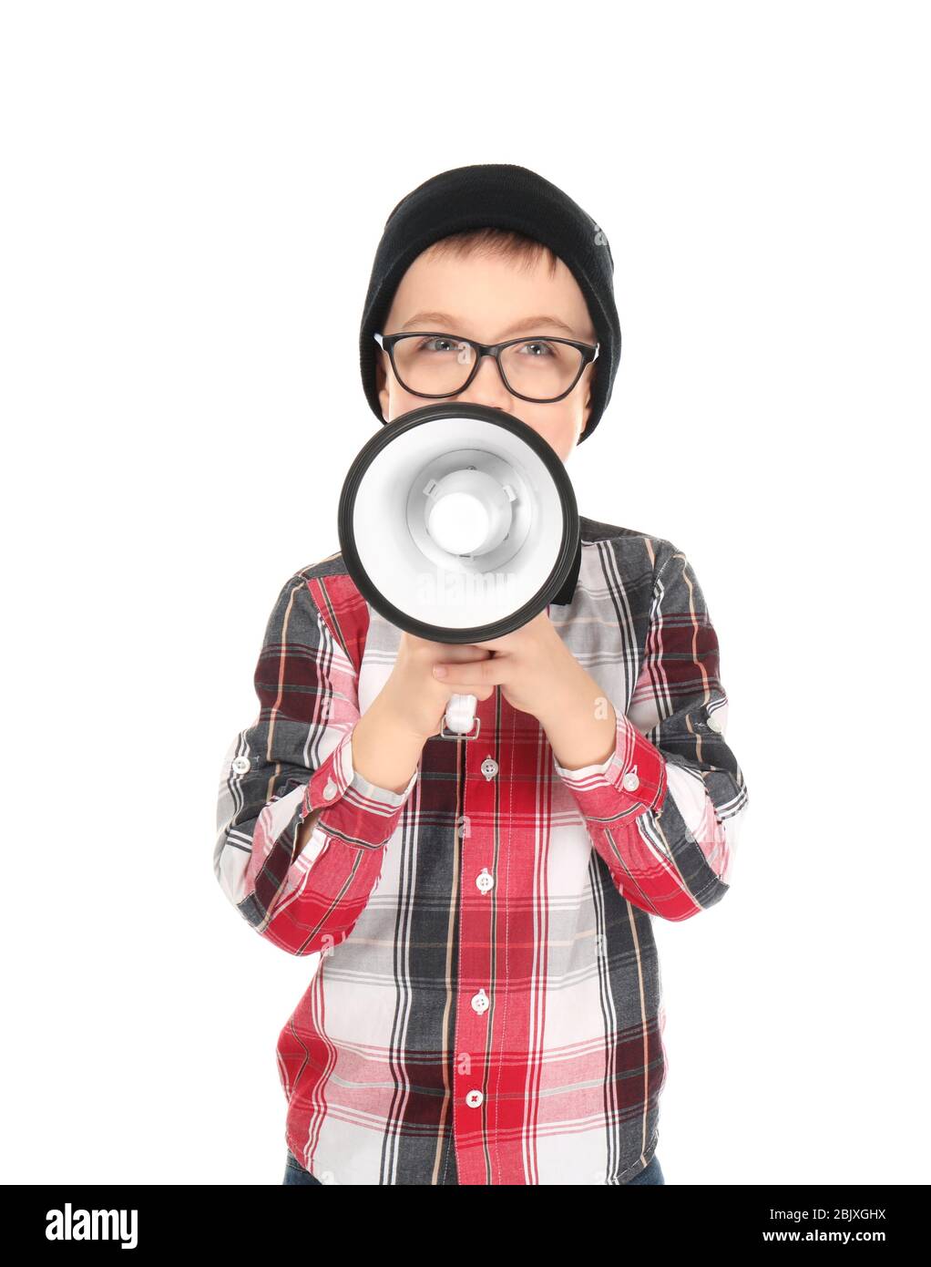 Cute little boy with megaphone on white background Stock Photo - Alamy