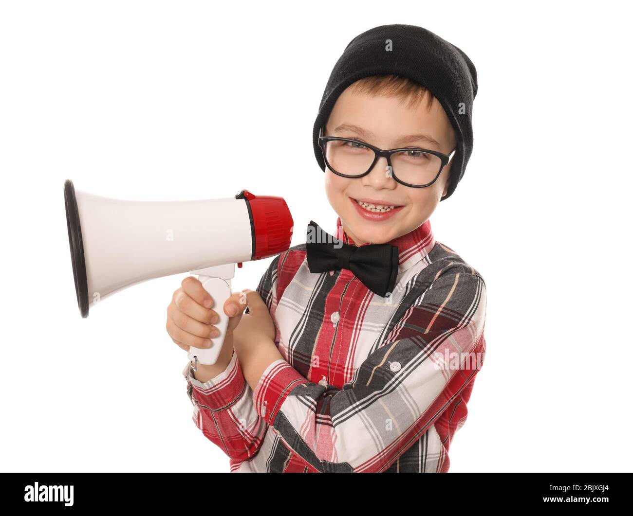 Cute little boy with megaphone on white background Stock Photo - Alamy