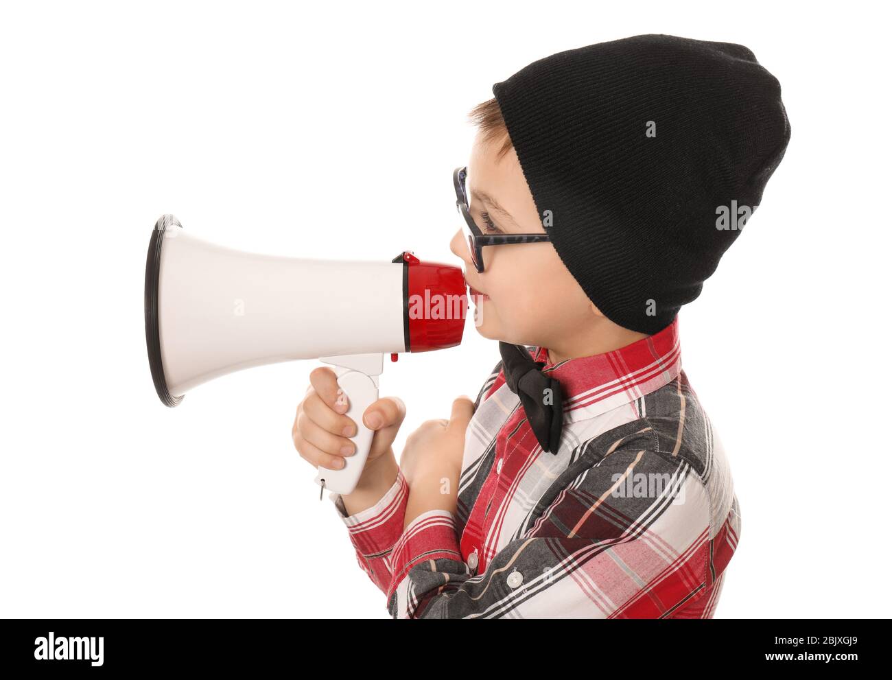 Cute little boy with megaphone on white background Stock Photo - Alamy