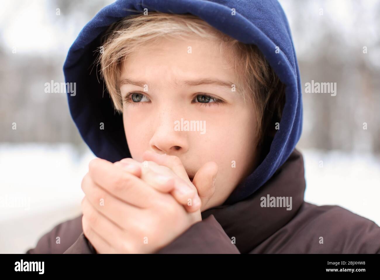 Cute boy warming his hands in cold park on winter vacation Stock Photo ...
