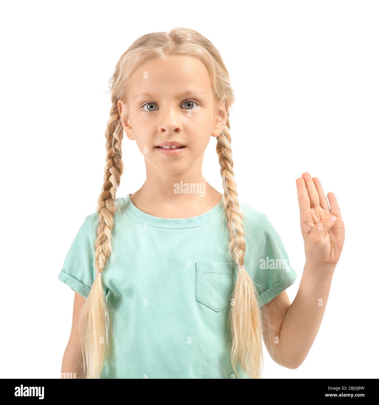 Little deaf mute girl using sign language on white background Stock ...
