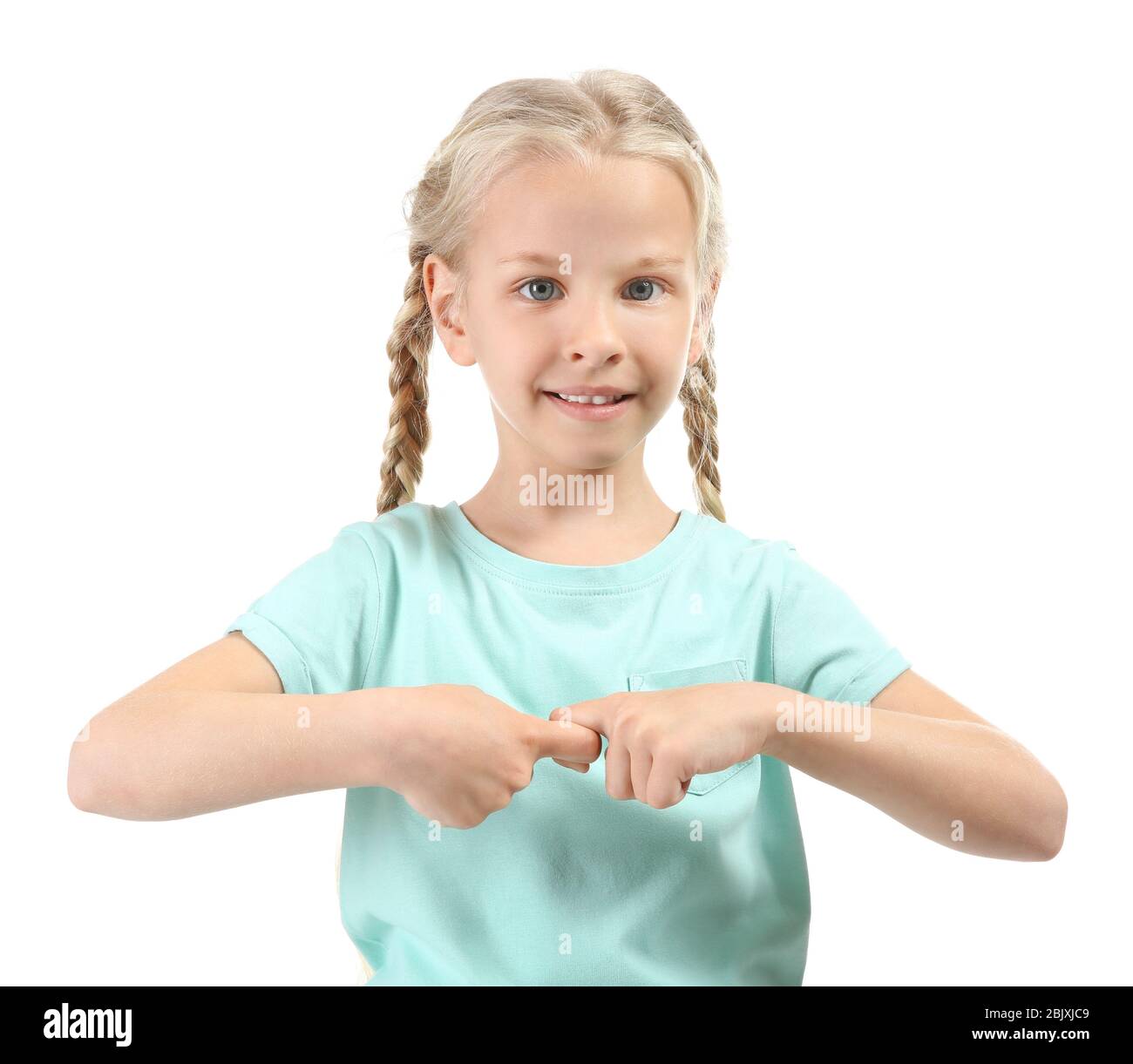 Little deaf mute girl using sign language on white background Stock ...