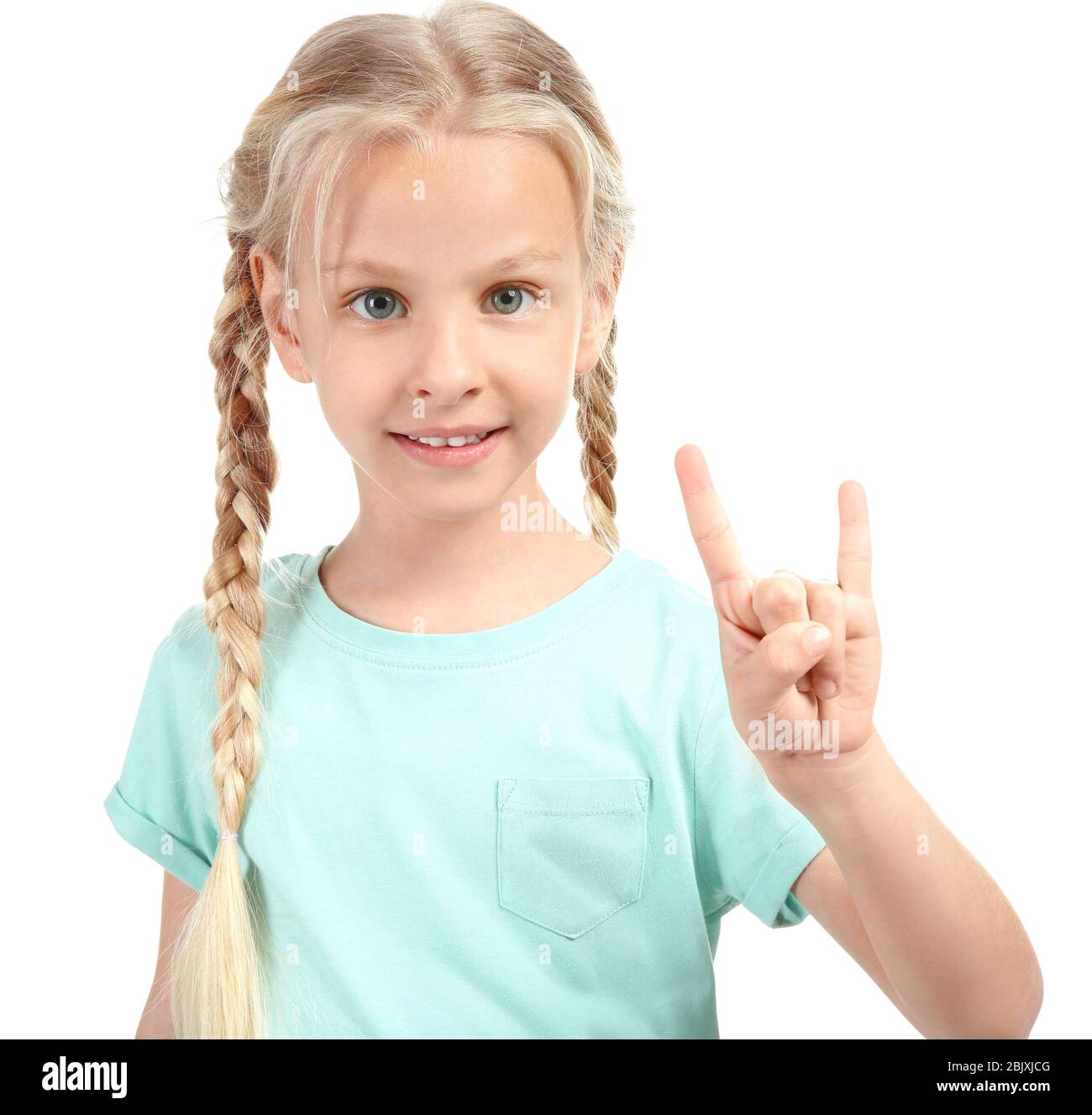 Little deaf mute girl using sign language on white background Stock ...