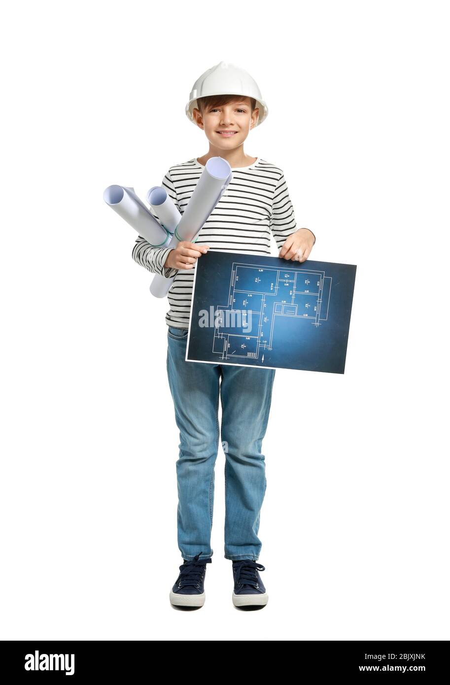 Cute little architect on white background Stock Photo - Alamy