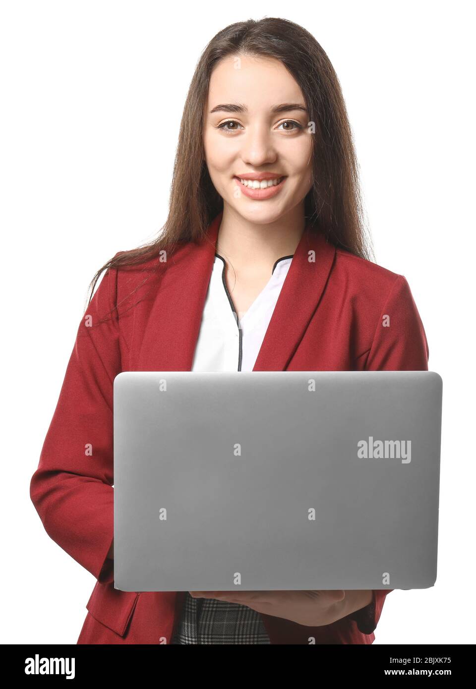 Young female programmer with laptop on white background Stock Photo - Alamy
