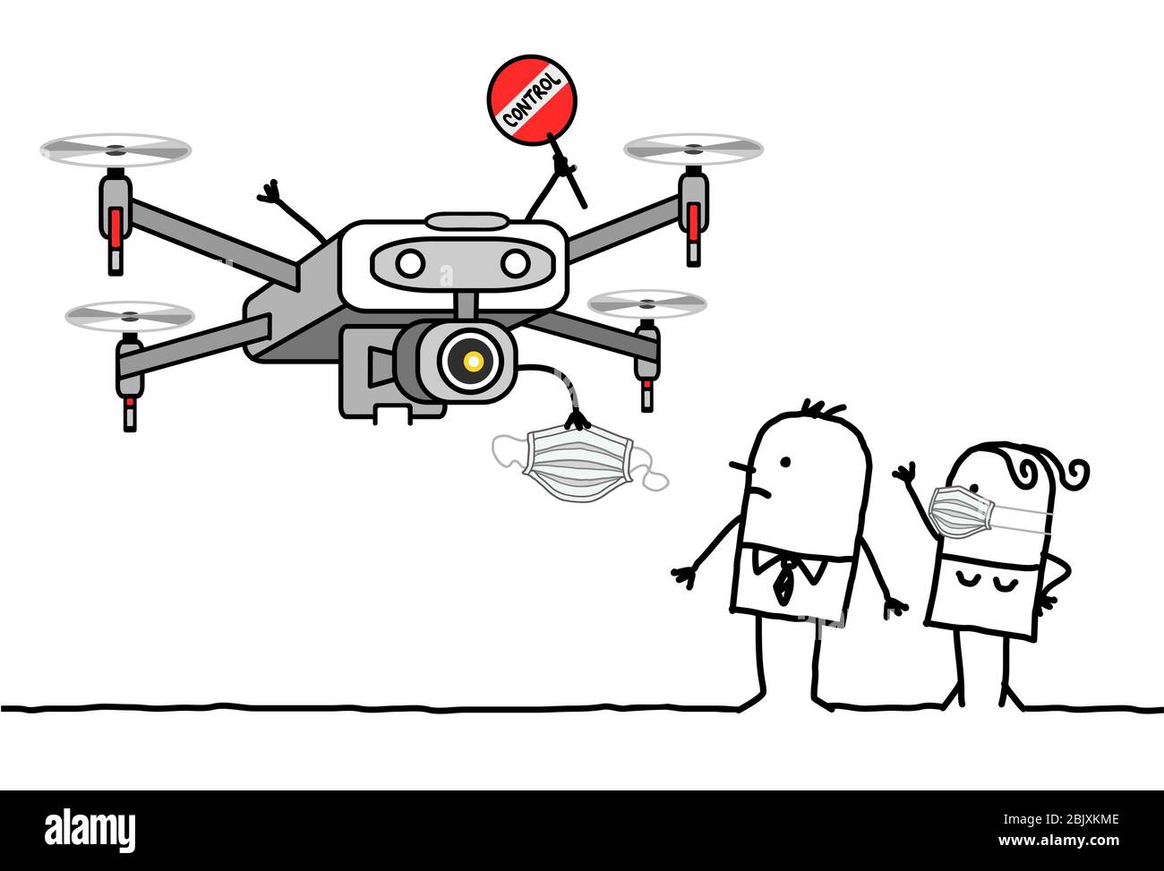 hand drawn Cartoon people facing a control Drone giving a protection ...