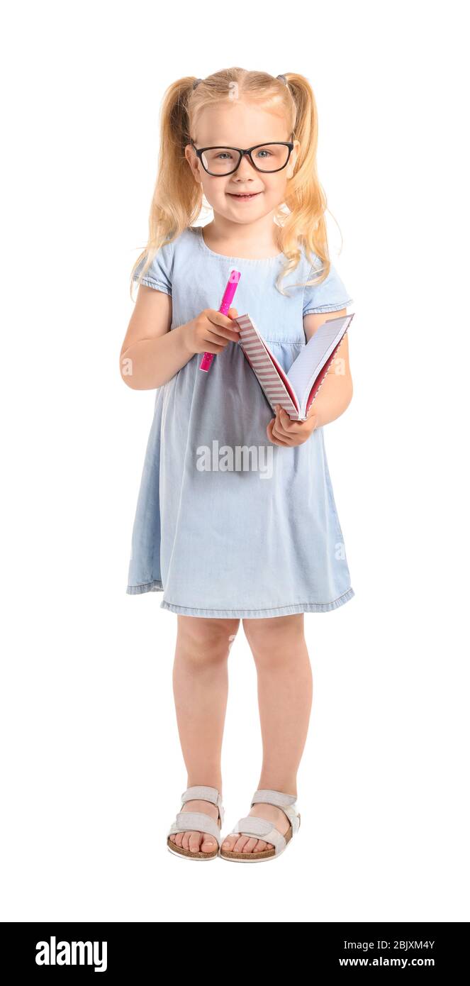 Portrait of smart little girl on white background Stock Photo - Alamy