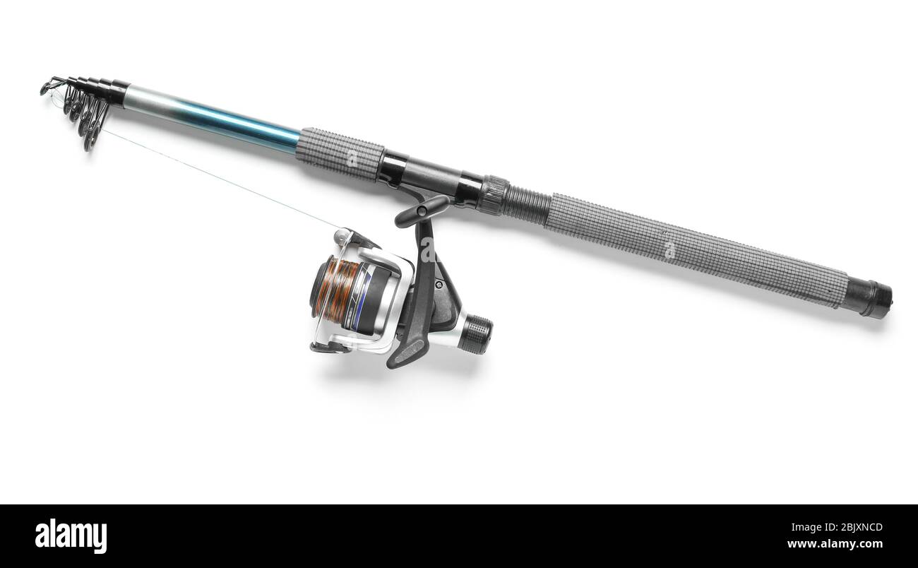 Modern fishing rod on white background Stock Photo - Alamy