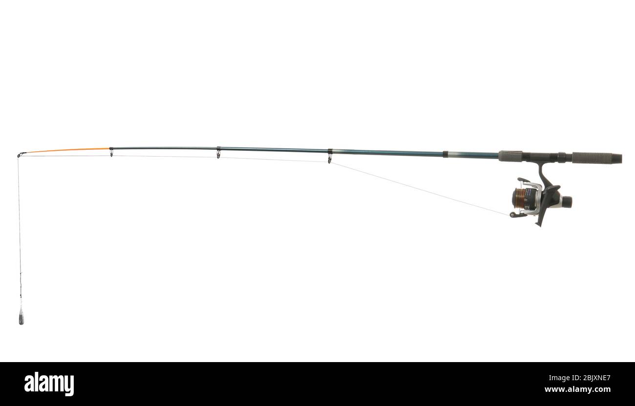 Modern fishing rod on white background Stock Photo - Alamy