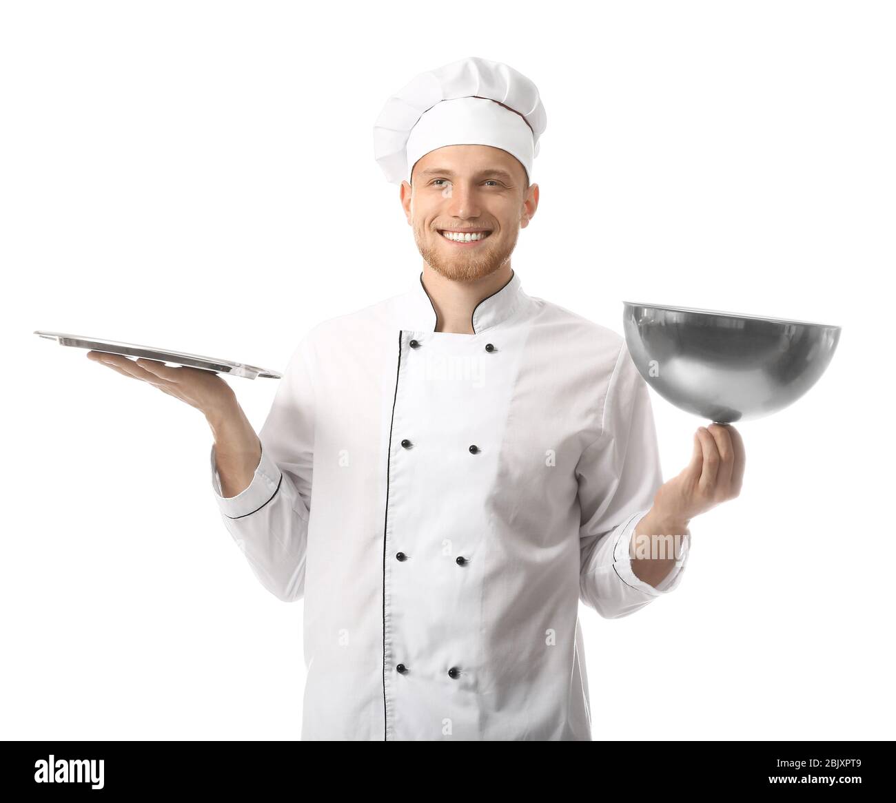 Handsome male chef with tray and cloche on white background Stock Photo ...