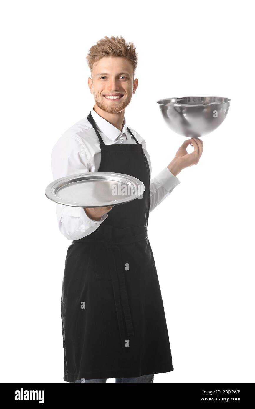 Handsome male chef with tray and cloche on white background Stock Photo ...