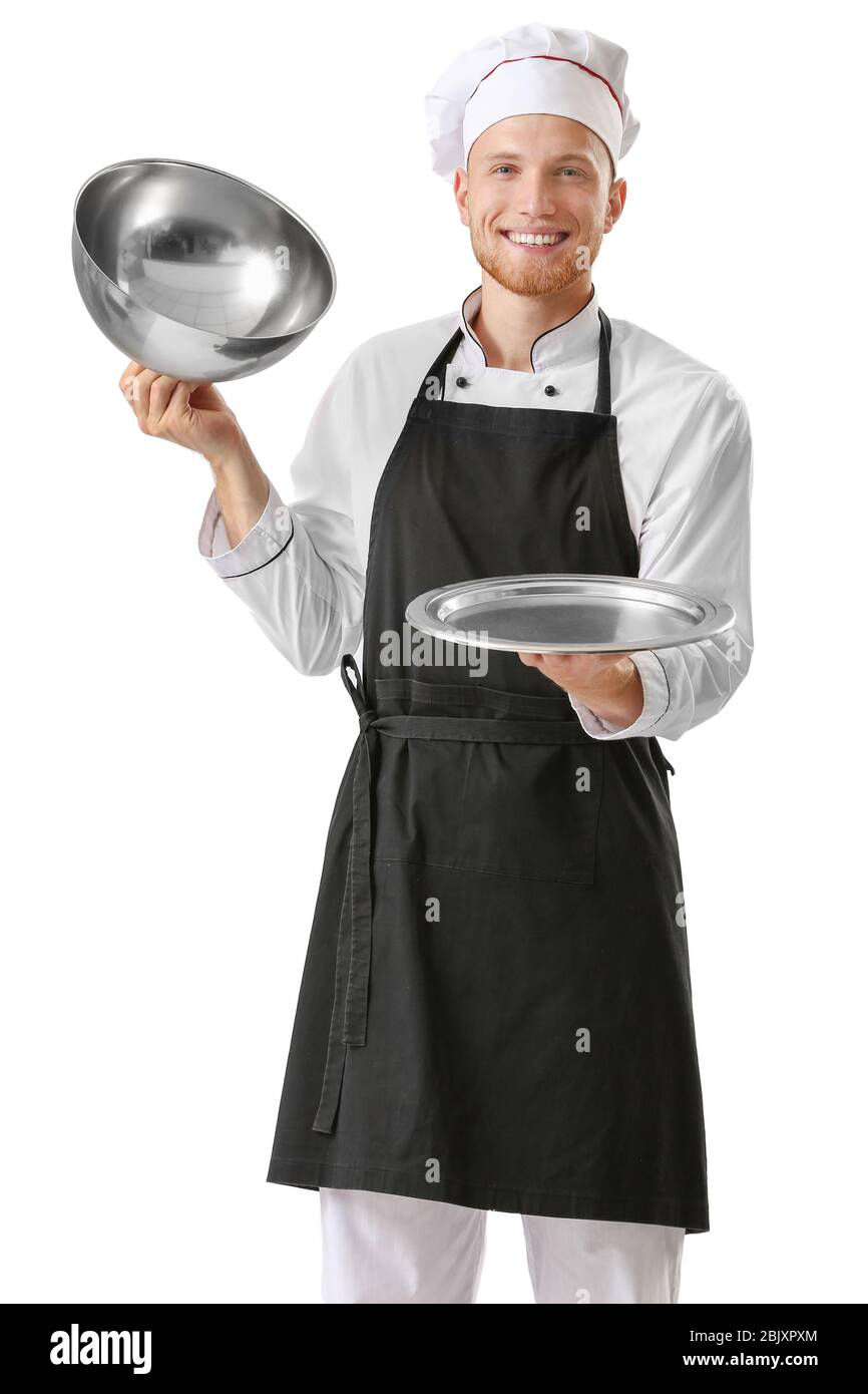Handsome male chef with tray and cloche on white background Stock Photo ...