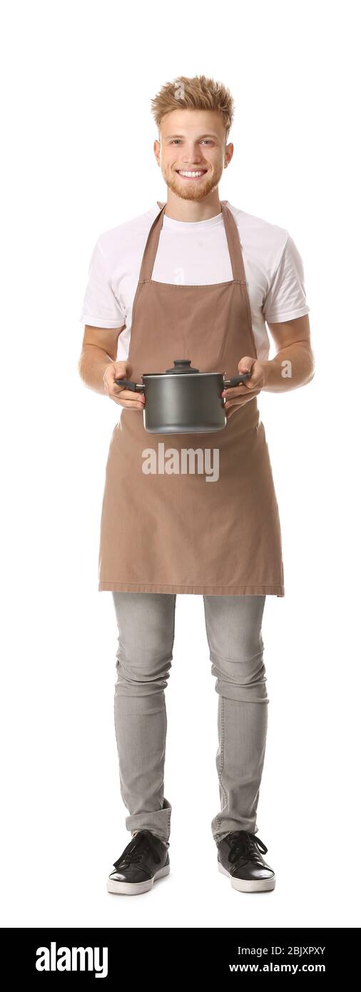 Handsome male chef with soup on white background Stock Photo - Alamy