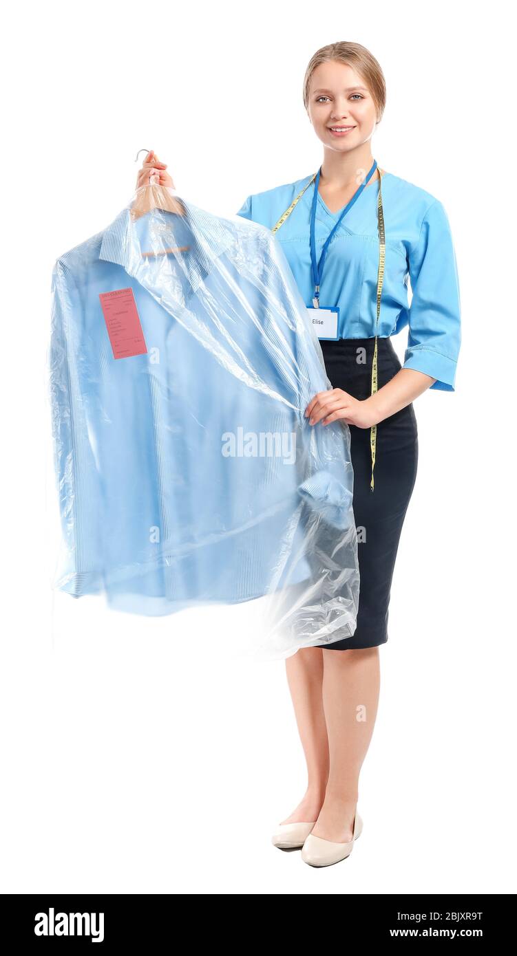 Female worker of modern dry-cleaner's on white background Stock Photo ...
