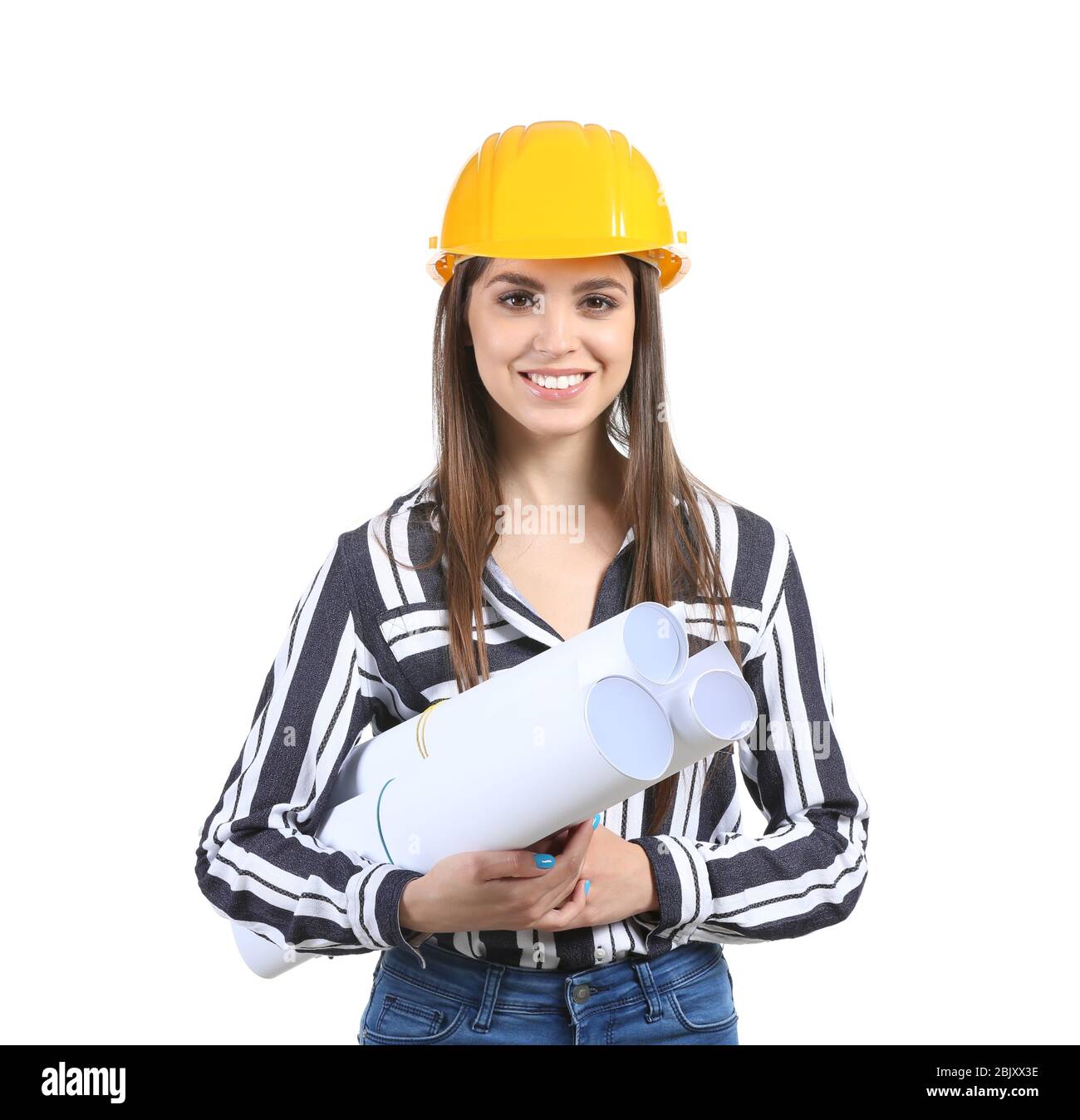 Beautiful female architect on white background Stock Photo - Alamy