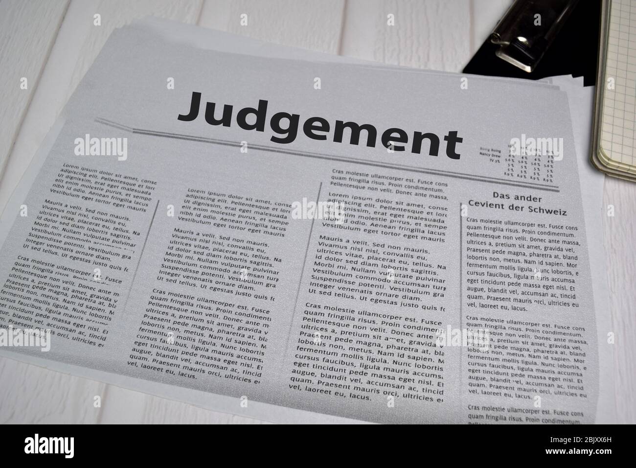 Judgement text in headline isolated on white background. Newspaper ...