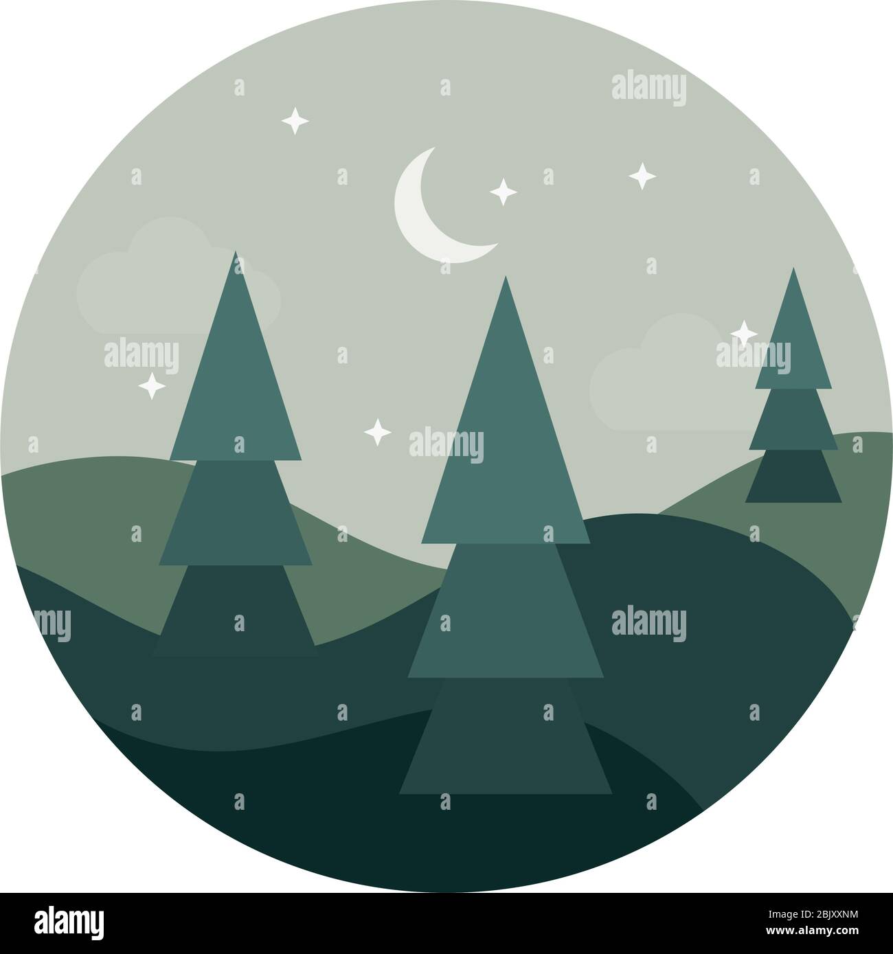 landscape nature trees hills half moon stars vector illustration flat ...