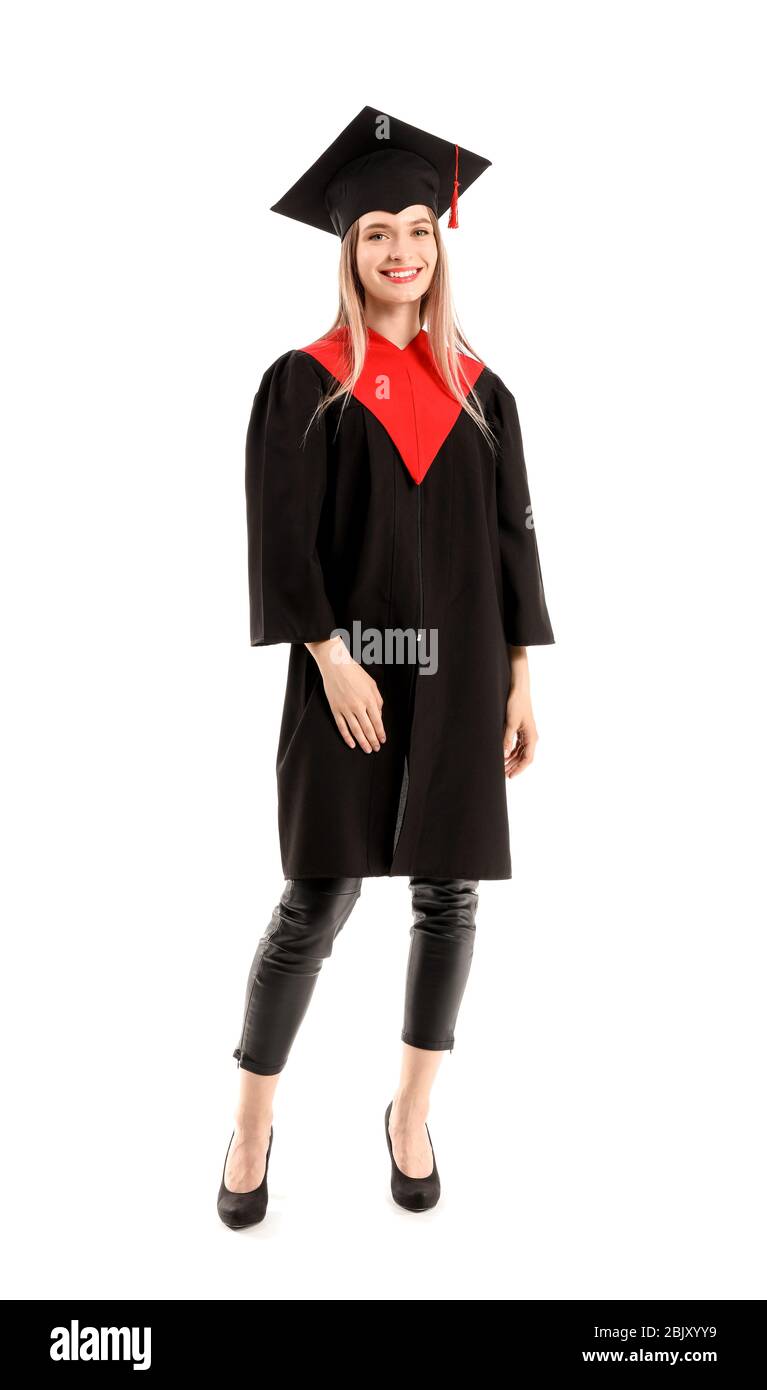 Young female student in bachelor robe on white background Stock Photo ...