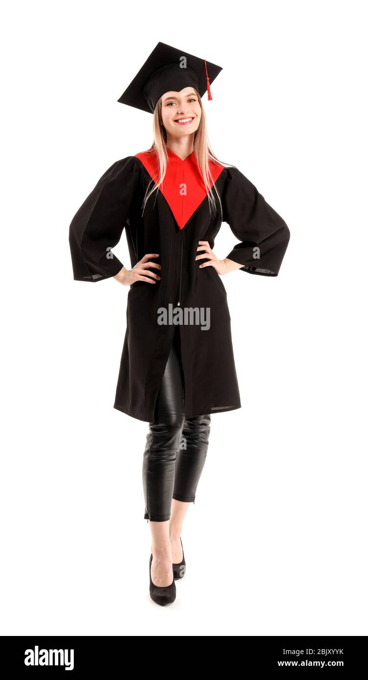 Young female student in bachelor robe on white background Stock Photo ...