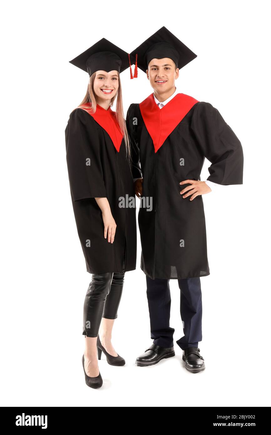 Young students in bachelor robes on white background Stock Photo - Alamy