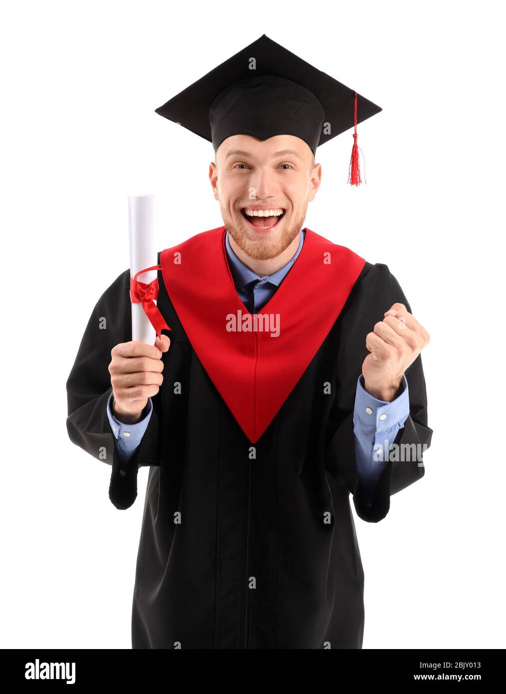 Happy male student in bachelor robe on white background Stock Photo - Alamy