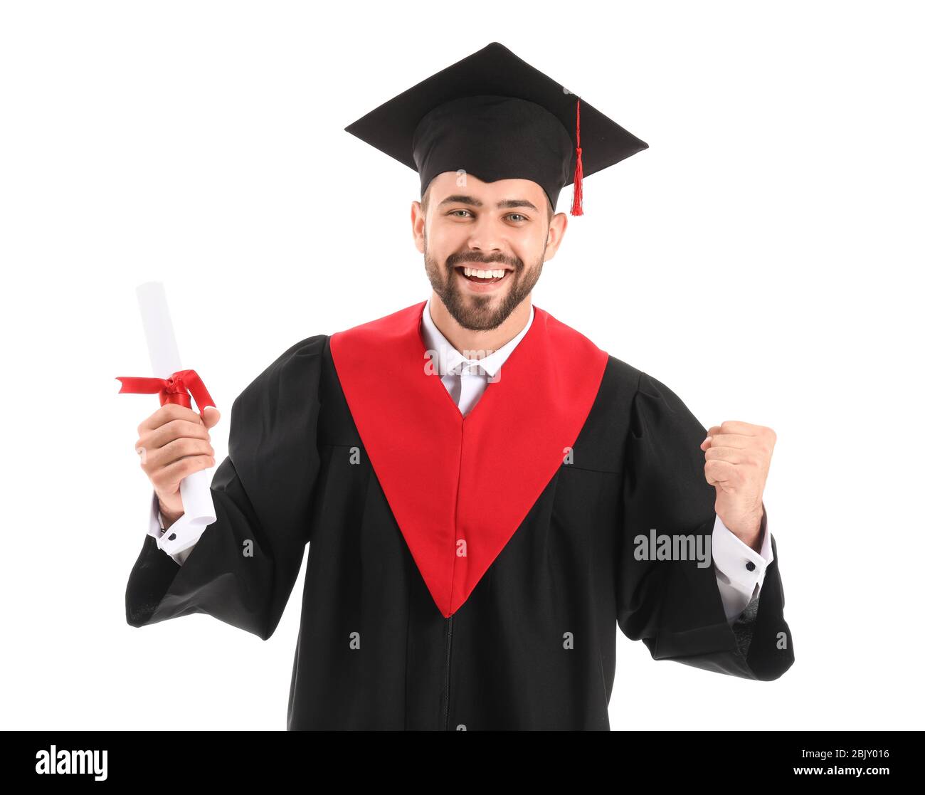 Happy male student in bachelor robe on white background Stock Photo - Alamy