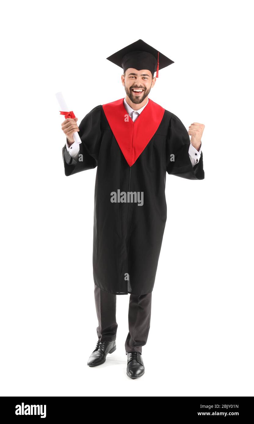 Young male student in bachelor robe on white background Stock Photo - Alamy