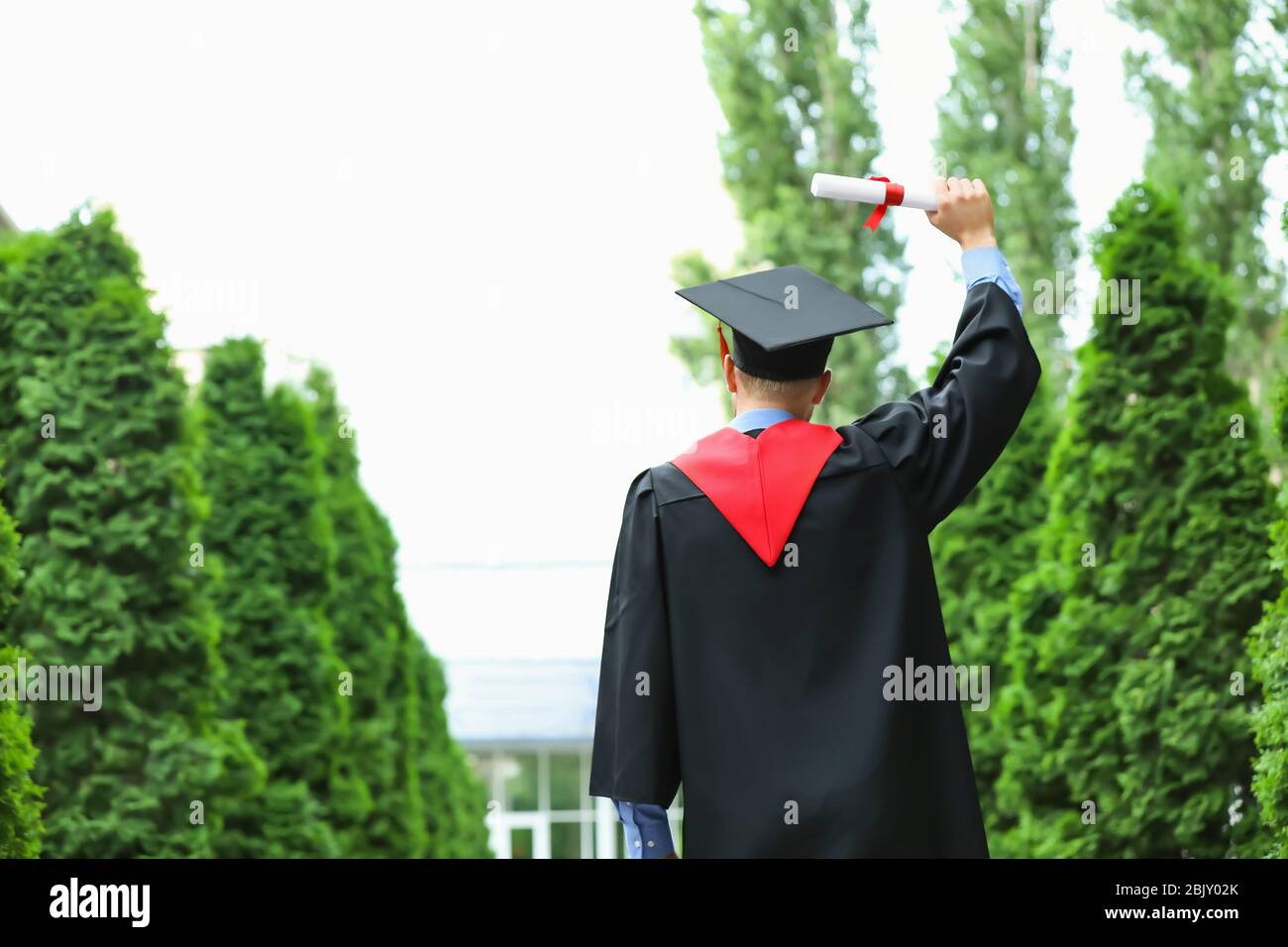 Young student in bachelor robe and with diploma outdoors Stock Photo ...