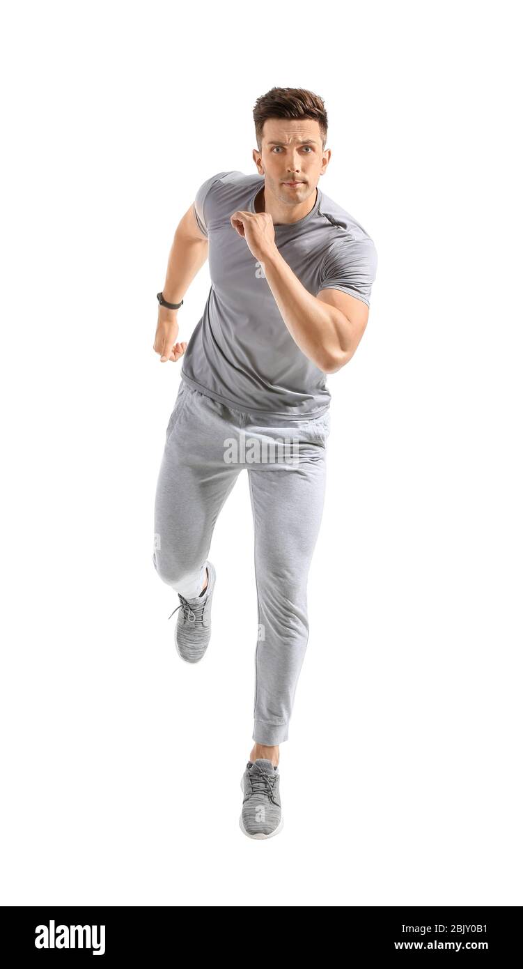 Running young man on white background Stock Photo - Alamy