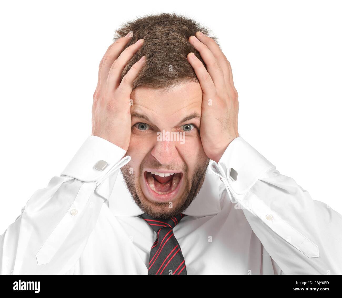 Businessman having panic attack on white background Stock Photo - Alamy