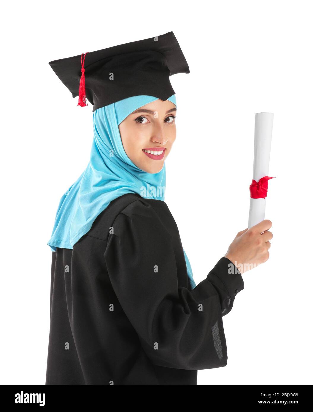 Muslim female graduate with diploma on white background Stock Photo - Alamy