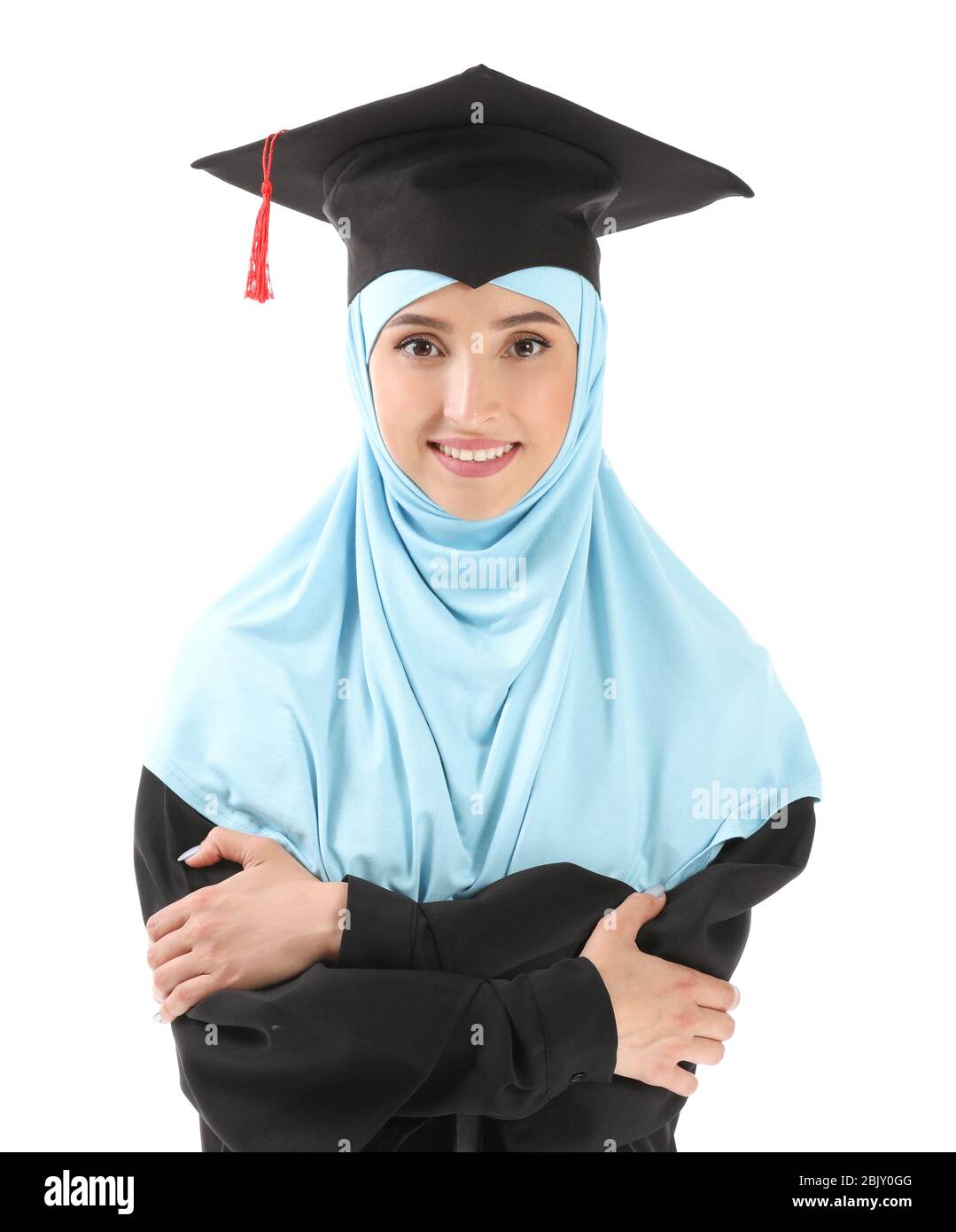 Muslim female graduate on white background Stock Photo - Alamy