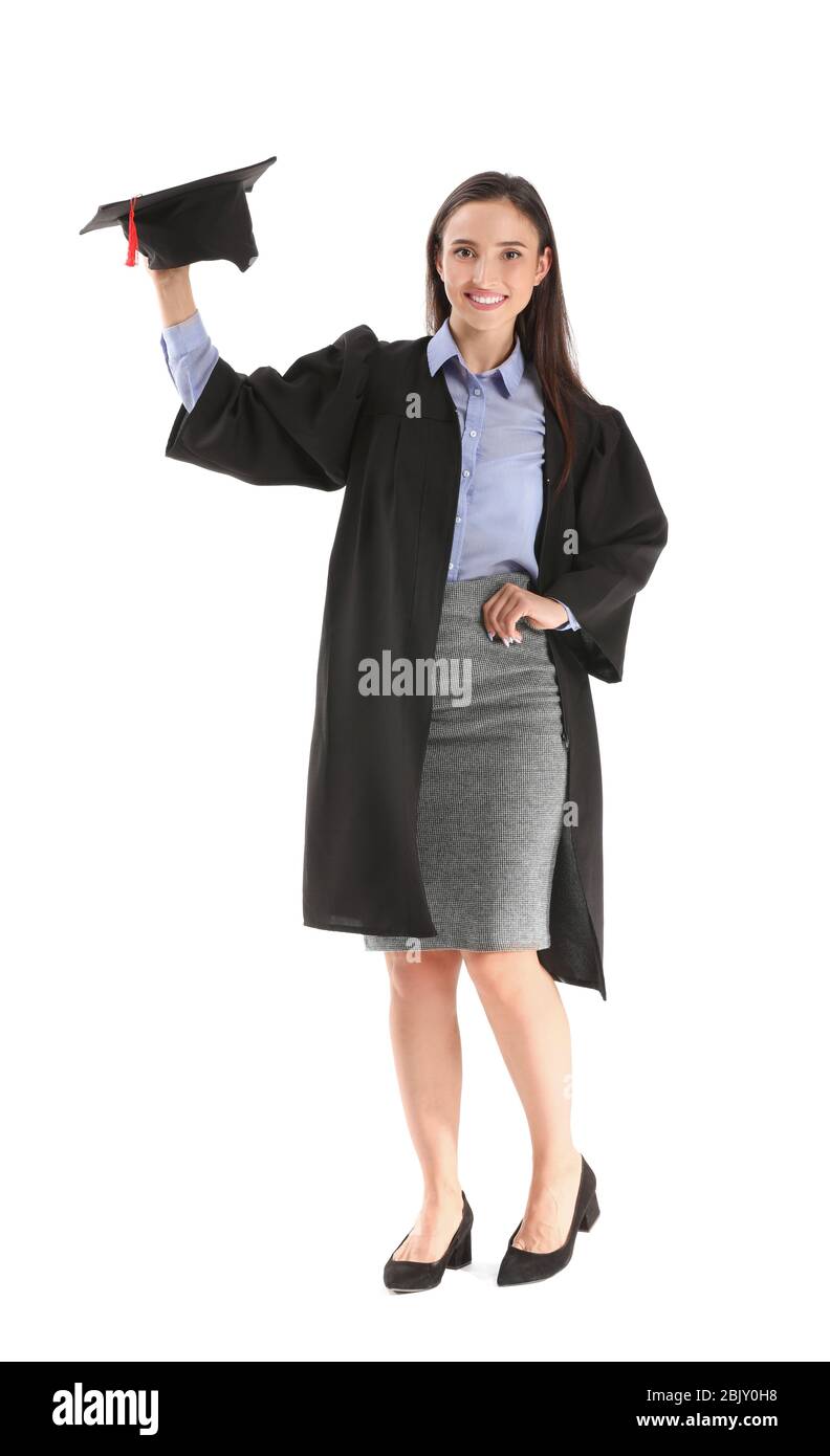 Female graduate on white background Stock Photo - Alamy