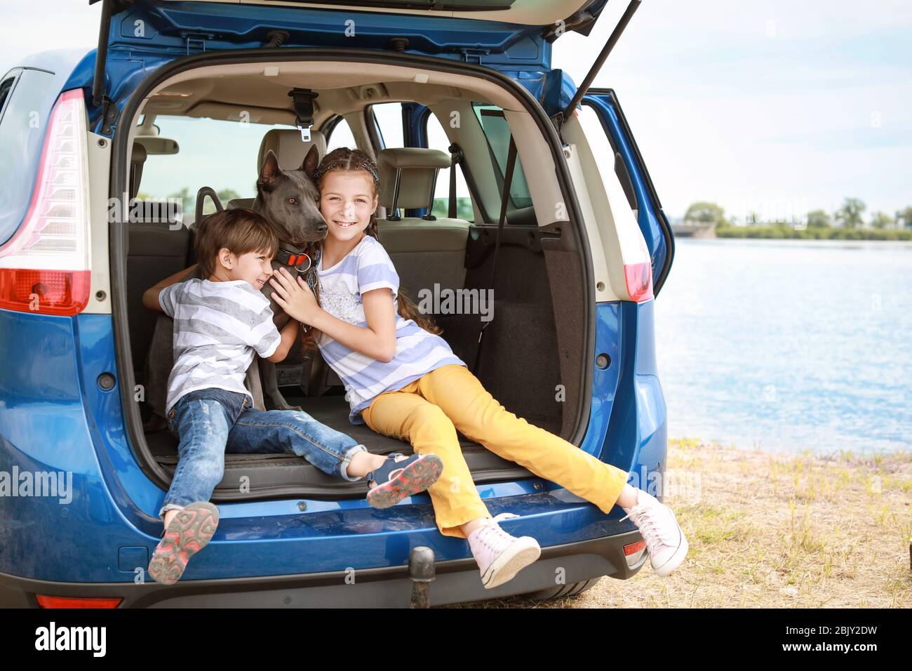 Kid hugging dog car hi-res stock photography and images - Alamy