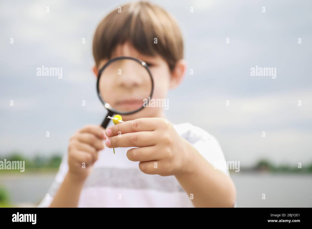 Little boy with magnifying glass studying nature outdoors Stock Photo ...