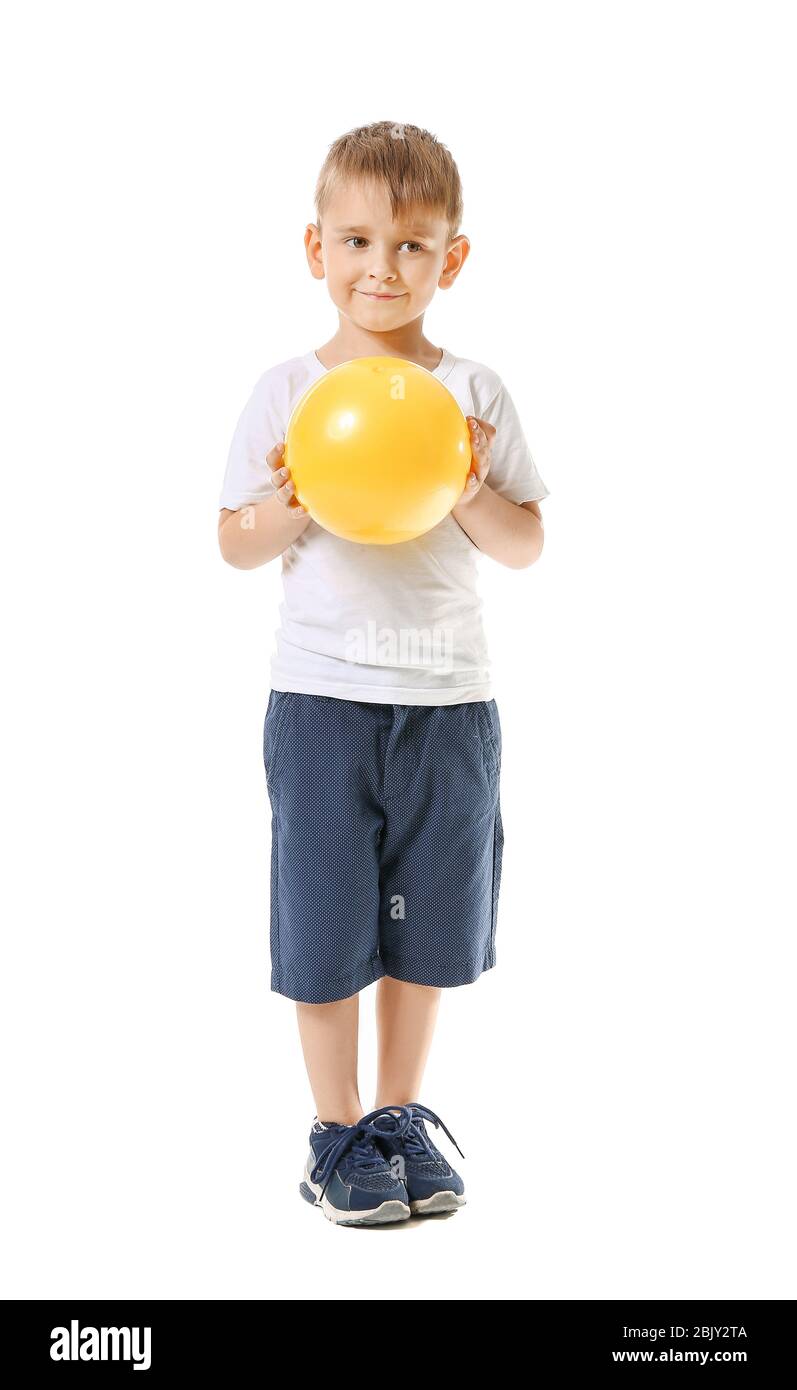Cute little boy with air balloon on white background Stock Photo - Alamy