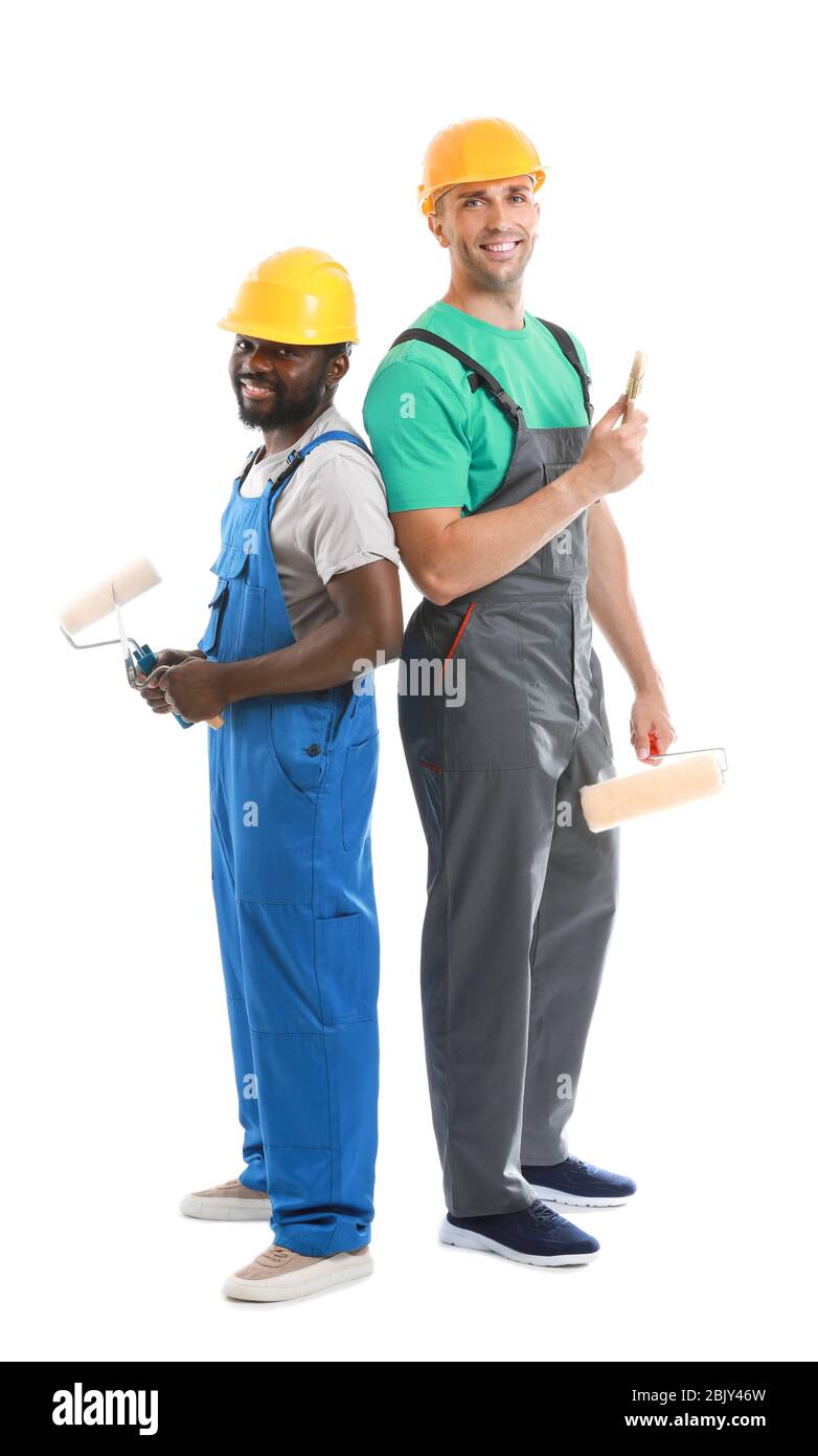 Male painters on white background Stock Photo - Alamy