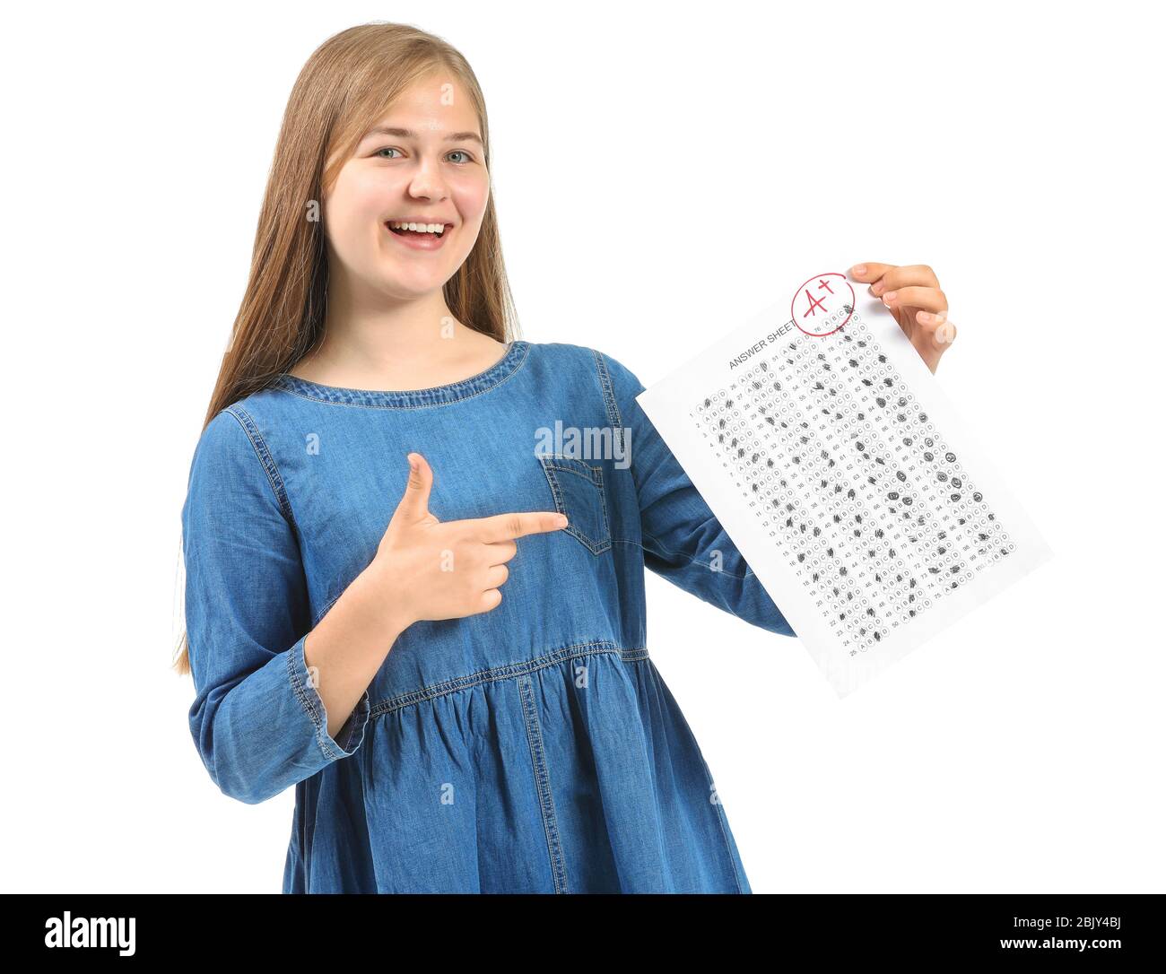 Happy girl with results of school test on white background Stock Photo ...