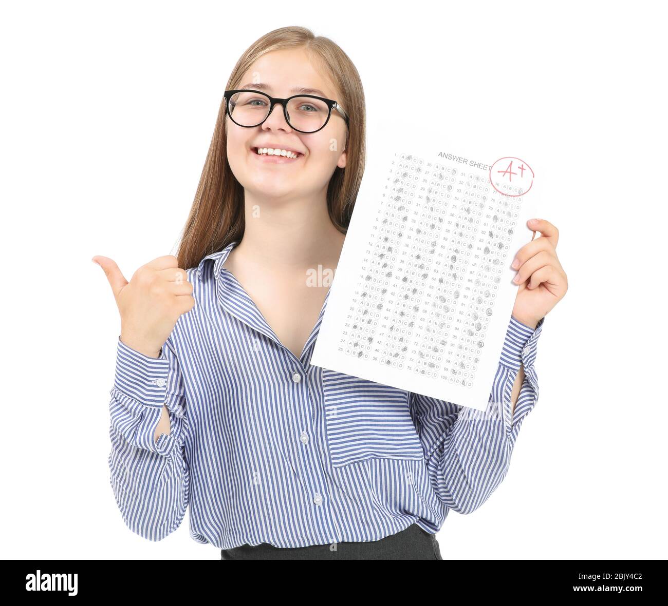 Happy girl with results of school test on white background Stock Photo ...