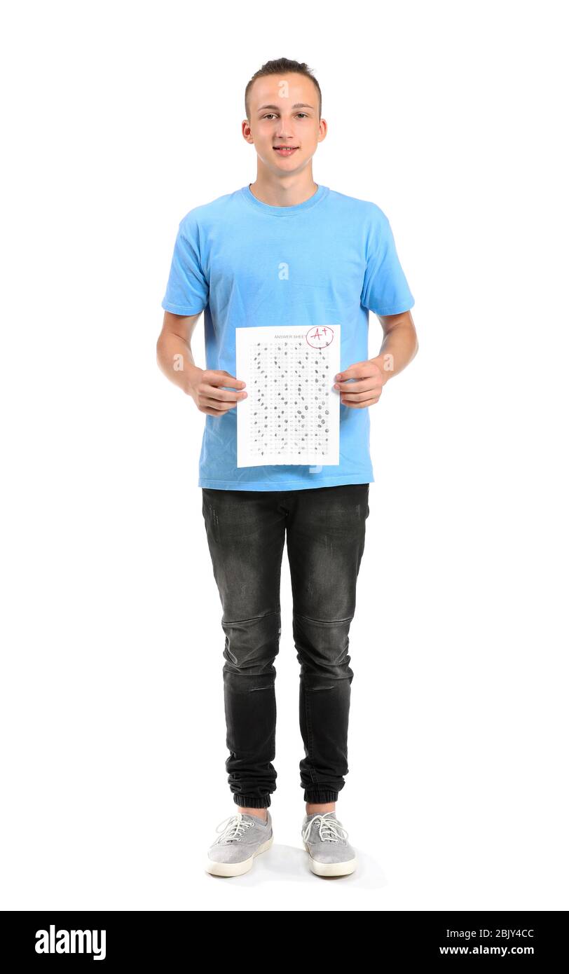 Happy boy with results of school test on white background Stock Photo ...