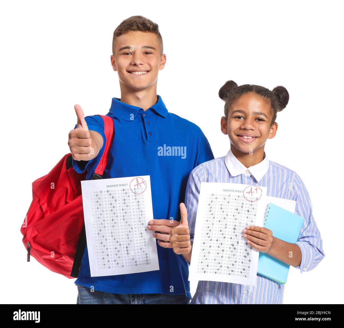 Happy classmates with results of school test on white background Stock ...