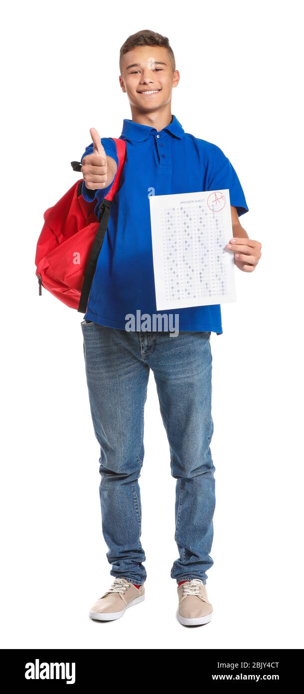 Happy boy with results of school test on white background Stock Photo ...