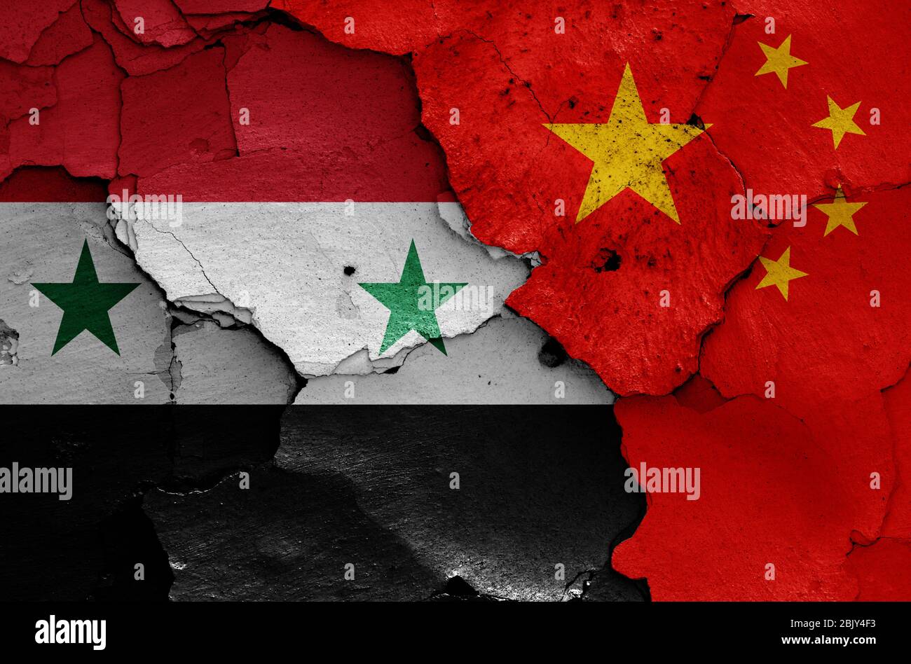 flags of Syria and China painted on cracked wall Stock Photo - Alamy