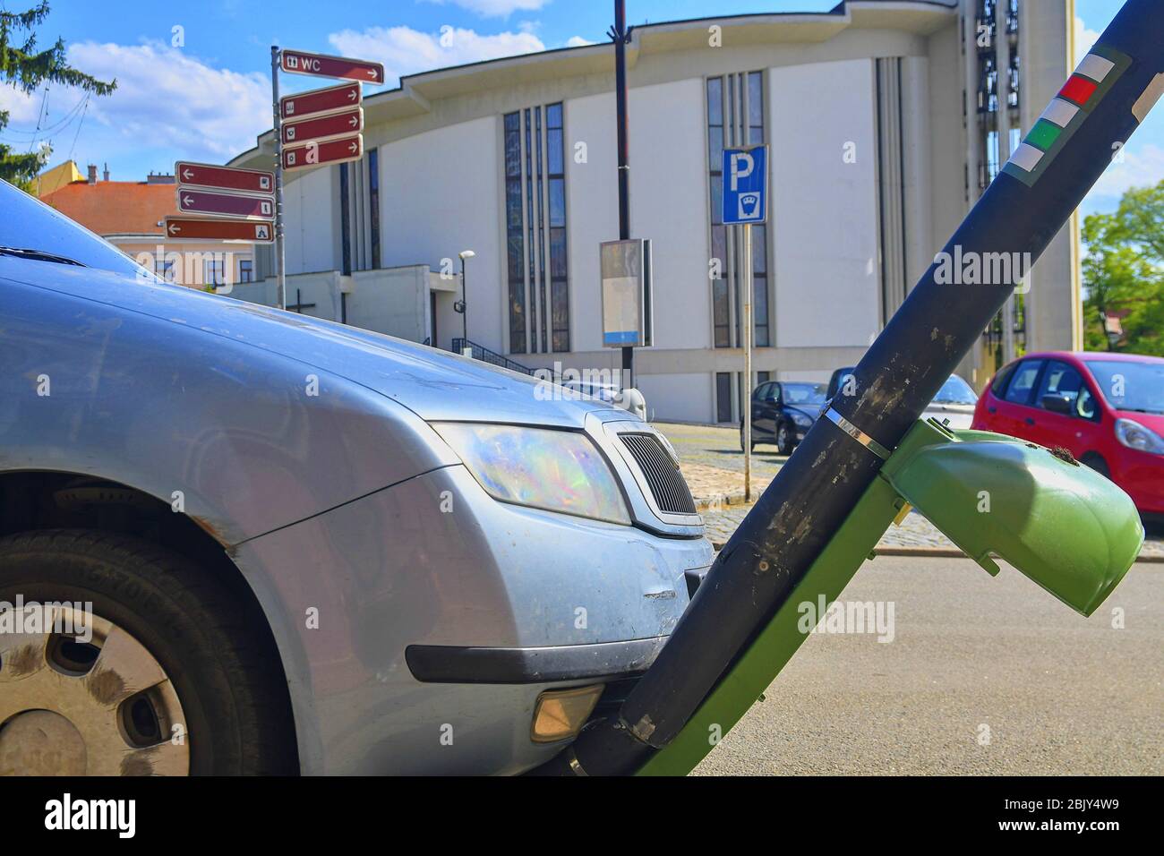 Crumpled front car was demolished by an accident bump into a power pole ...