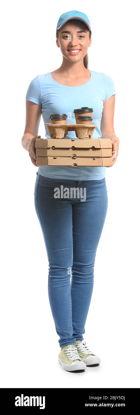 Female worker of food delivery service on white background Stock Photo ...