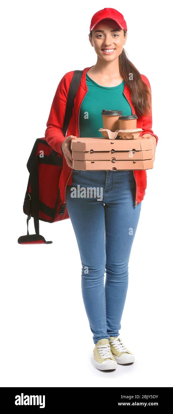 Female worker of food delivery service on white background Stock Photo ...