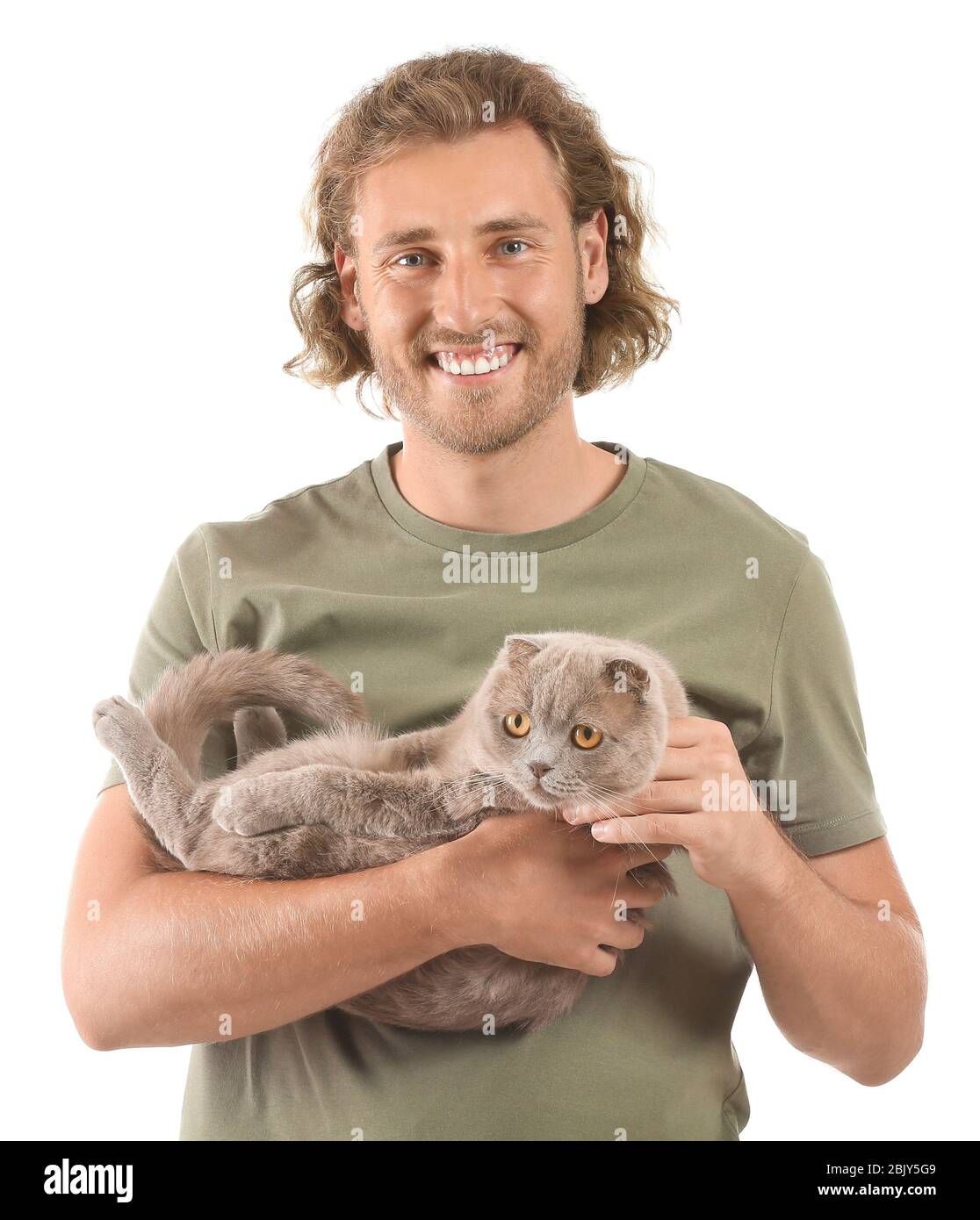 Man with cute funny cat on white background Stock Photo - Alamy